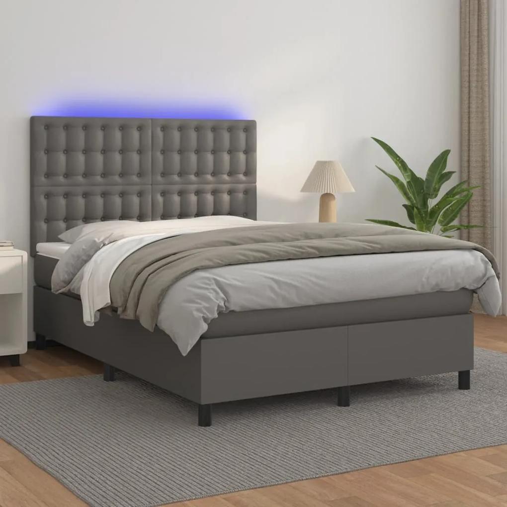 Box spring postel s matrací a LED šedá 140x190 cm umělá kůže,  3135943