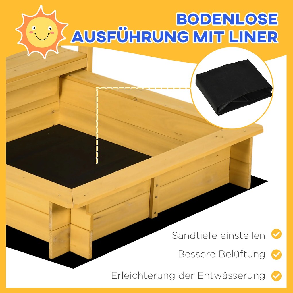 Pískoviště Outsunny bez podstavce, výškově nastavitelné, 107,5 x 107,5 x 110 cm, pískoviště se stříškou, pískoviště s krytem, přírodní