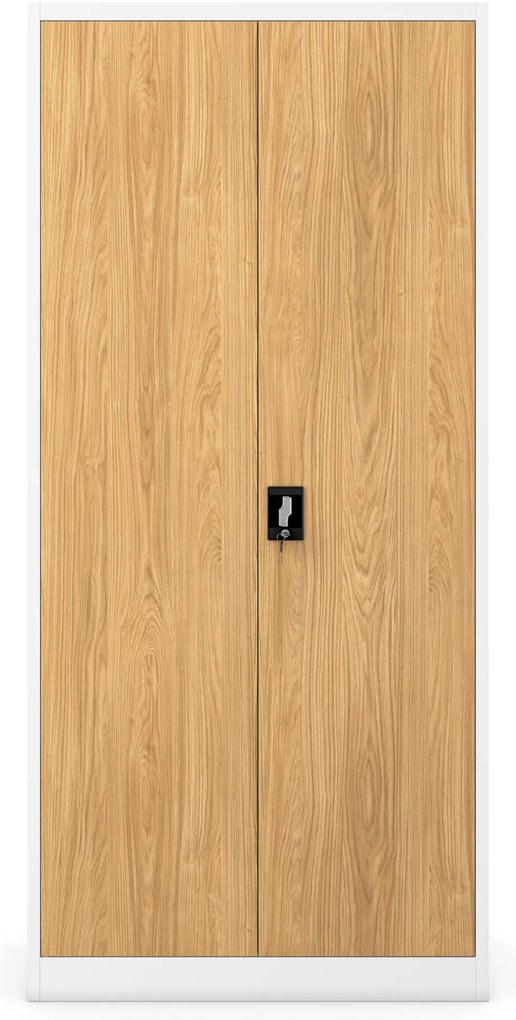 Vysoká kovová kancelářská skříň na dokumenty, bílá/zlatý dub, 900x1950x400 mm: JAN H Eco Design