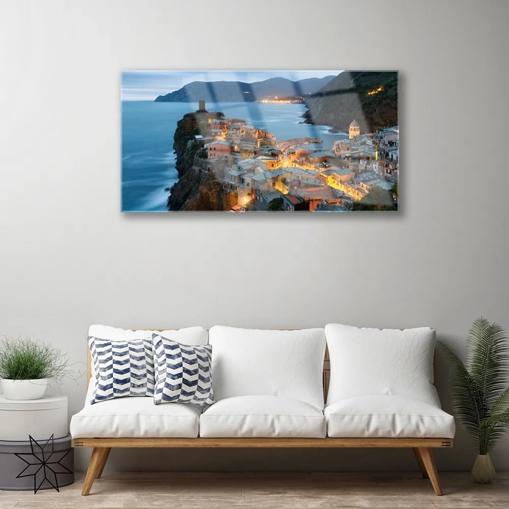 akrylový obraz Moře Město Hory Krajina 100x50 cm