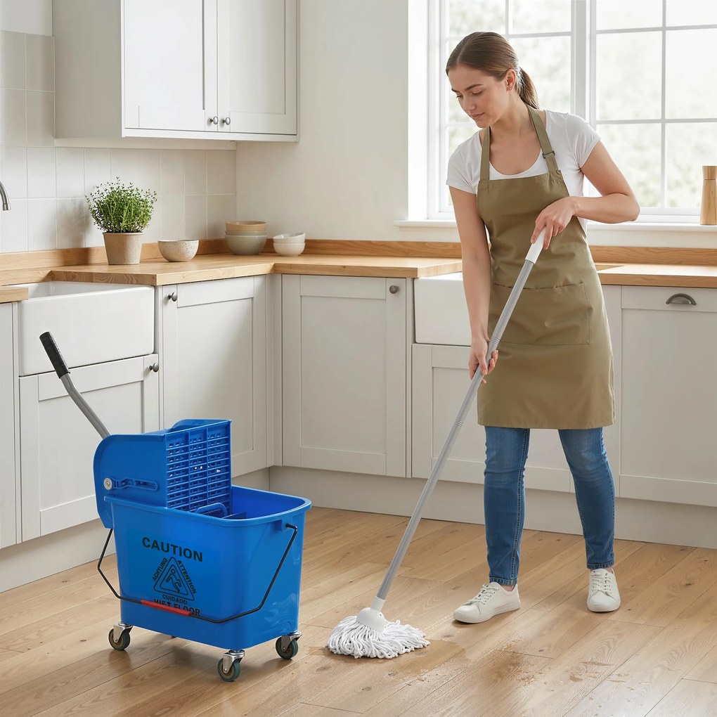 HOMCOM kyblík na vytírání s ždímacím zařízením, přepážkou na oddělení vody a kolečky, objem 20 l pro domácí úklid, 45x26,5x70 cm, modrý
