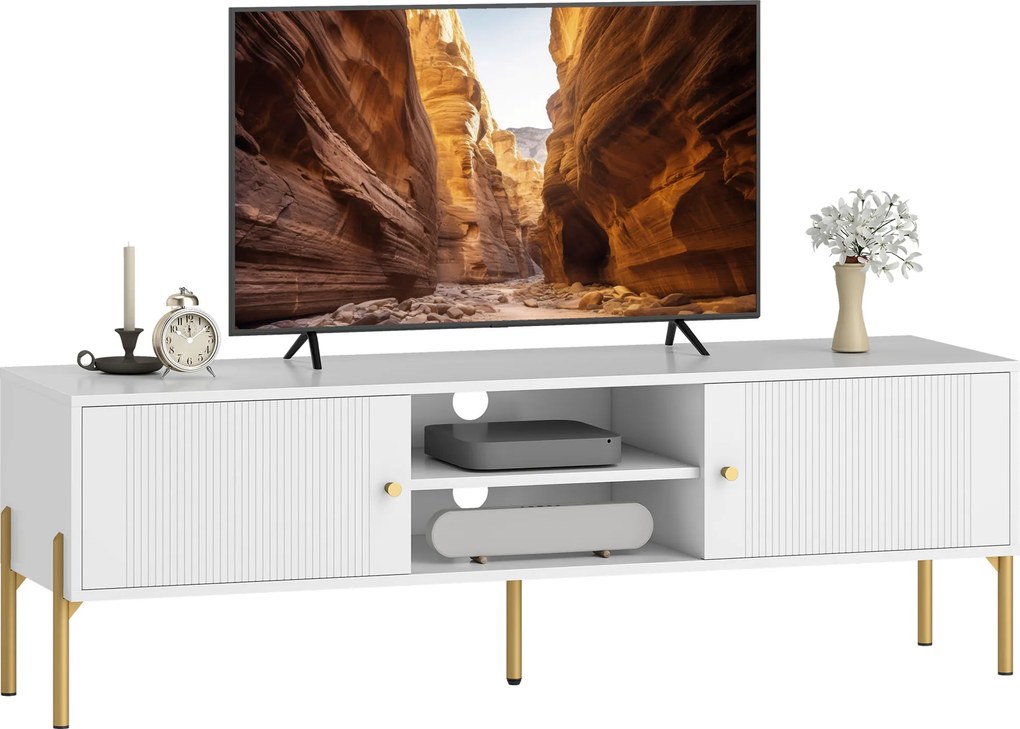 HOMCOM Moderní TV stolek – 2 dveře, 2 otevřené přihrádky, průchod pro kabely, pro TV až 65 palců, 140 x 38 x 45,9 cm, bílá