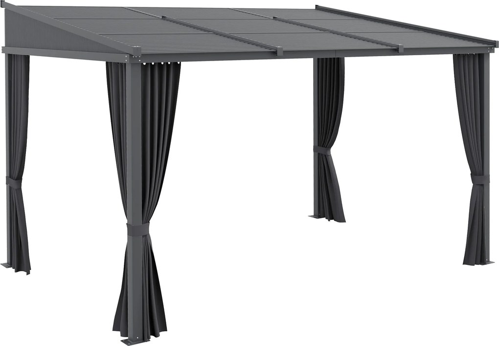 Pergola Outsunny, 3,65 x 2,55 m, Pavilon, Kryt terasy s posuvnou střechou, Zahradní pergola s závěsy, pro zahradu, dvůr, Hliník + kov, Tmavě šedá