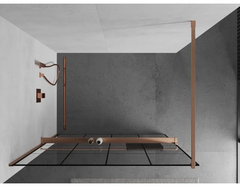 Mexen Kioto+, sprchová zástěna Walk-In s poličkou a věšákem 140 x 200 cm, 8mm čiré sklo černý vzor, měděný matný profil, 800-140-121-65-77