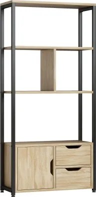HOMCOM knihovna ve stylu industriálním 3 police Skříňka 2 zásuvky 58 x 24 x 122 cm Dřevěný vzhled černá ocel