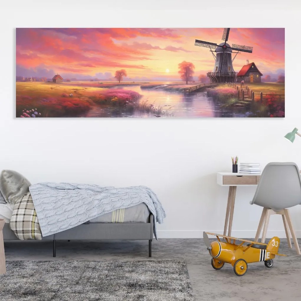 Obraz na plátně - Větrný mlýn při západu slunce FeelHappy.cz Velikost obrazu (šířka x výška): 240 x 80 cm