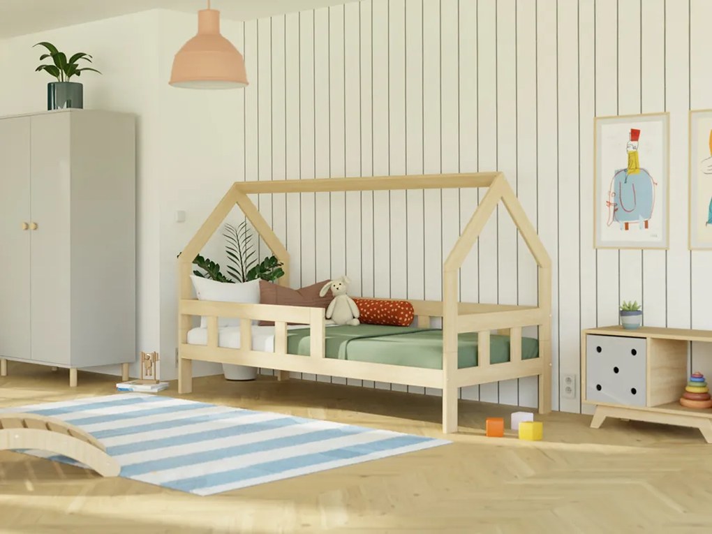 Benlemi Dětská postel domeček FENCE 2v1 ze dřeva se zábranou Zvolte barvu: Šalvějová zelená, Zvolte rozměr: 90x200 cm, Zvolte zábranu: S otevřeným vstupem