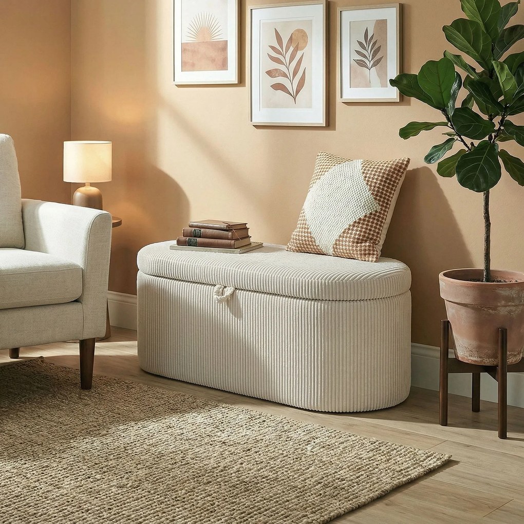 HOMCOM čalouněná lavice s úložným prostorem, manšestr – 105 × 51 × 49 cm, nosnost 200 kg, béžová