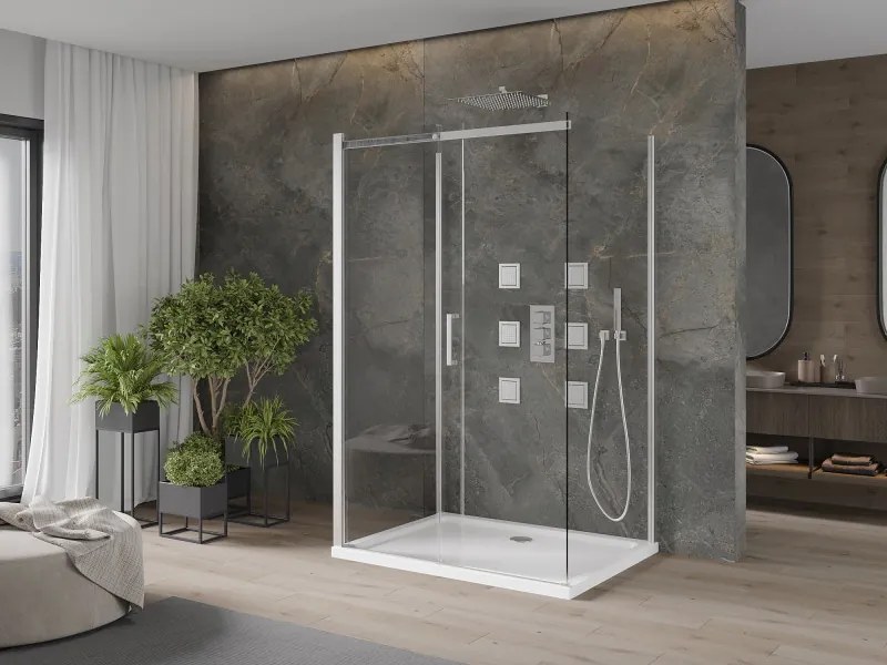 Mexen Omega, 3-stěnový sprchový kout s posuvnými dveřmi 100 (dveře) x 80 (stěna) x 190 cm, 8mm čiré sklo, chromový profil + bílá sprchová vanička SLIM, 825-100-080-01-00-3S-4010