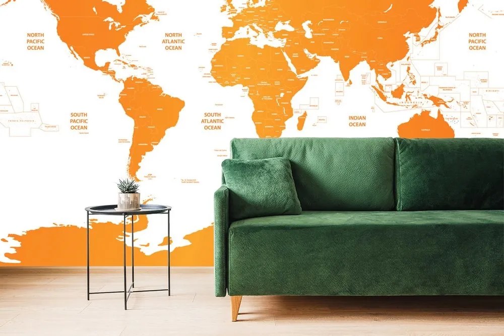 Tapeta mapa světa s jednotlivými státy v oranžové barvě - 225x150 cm