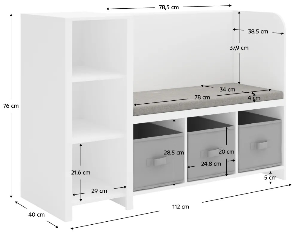 Kondela Regál s lavičkou, bílá/šedá, BENKO