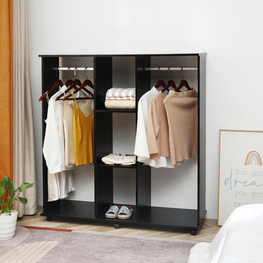HOMCOM Mobilní úložný šatník s kolečky 6 - 120L x 40W x 128H cm - Dřevo - Černý | Aosom