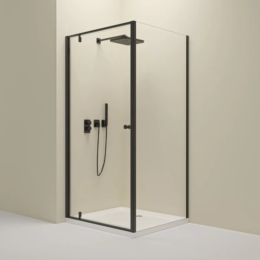 Erga Sydney, sprchový kout s 1-křídlými dveřmi 80(dveře) x 80(stěna) x 195 cm, 6mm čiré sklo, černý profil, ERG-V02-SYDNEY-D080G080-BK