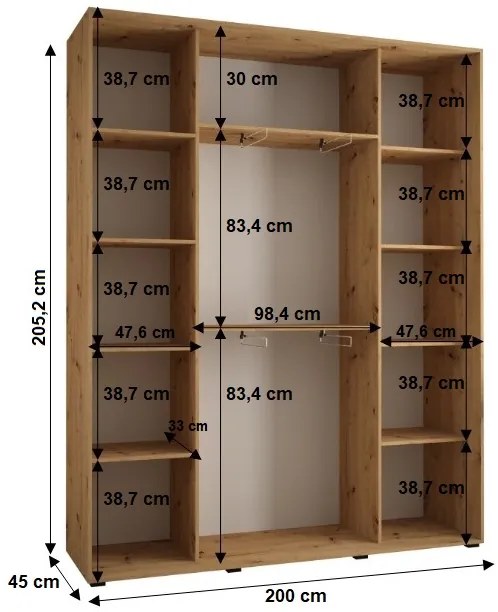 Šatní skříň YVONA 13 - 200/45 cm, dub artisan / bílá / stříbrná