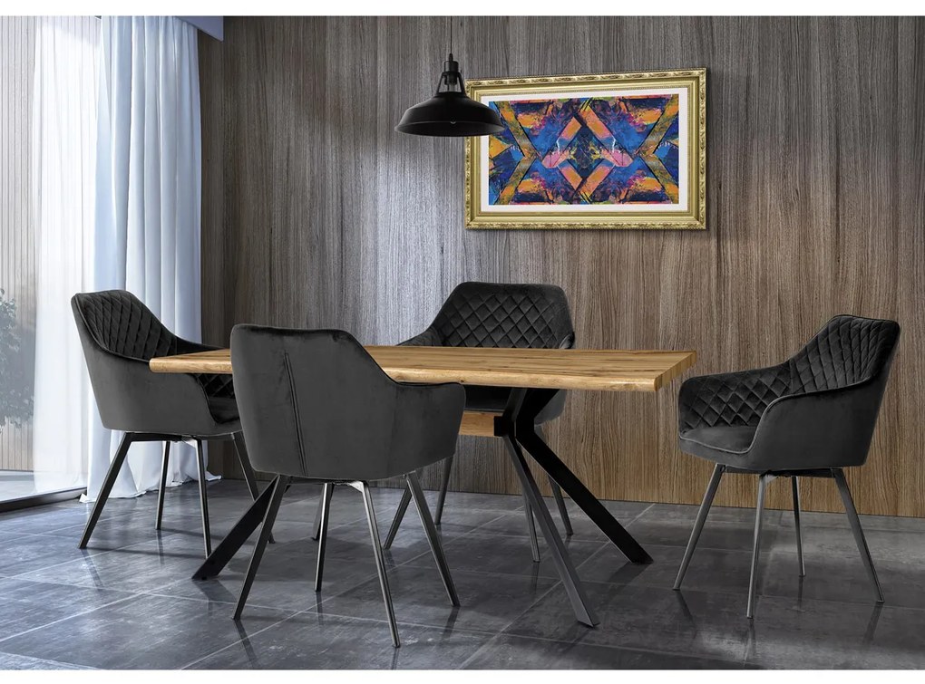 Jídelní stůl HT-863 OAK 160x90 cm, MDF deska 3D dekor divoký dub, kov černý lak