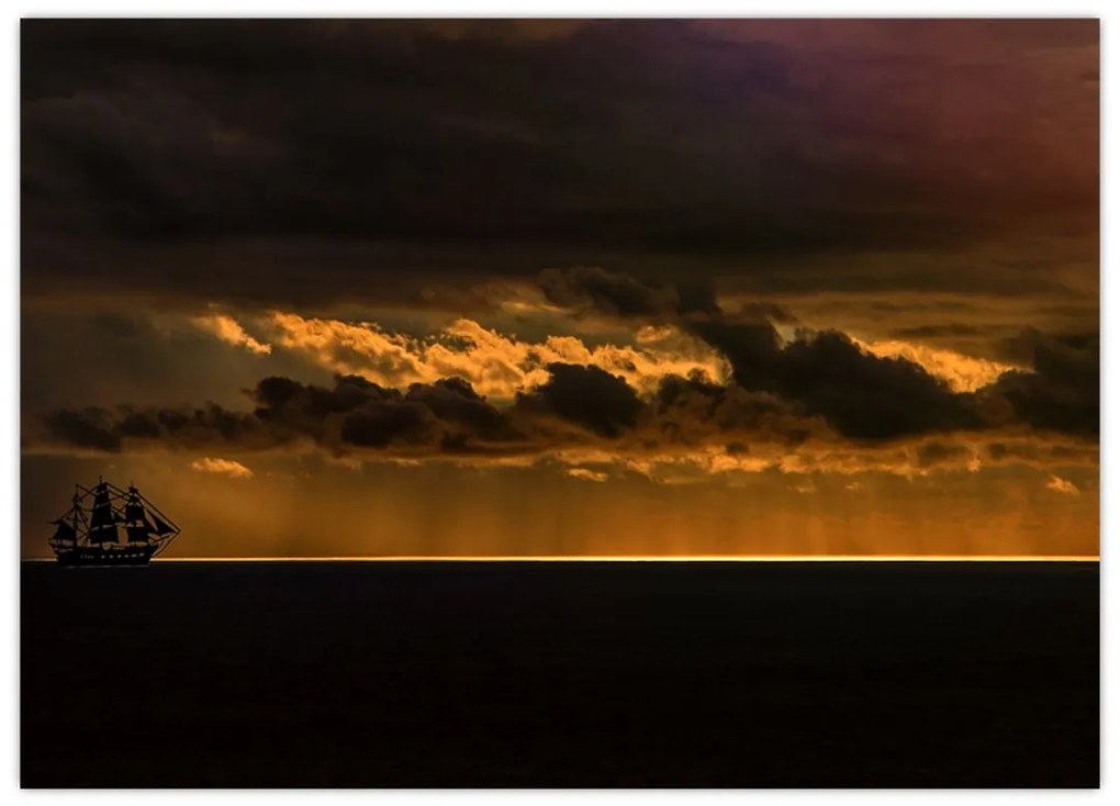 Skleněný obraz plachetnice v západu slunce (70x50 cm)