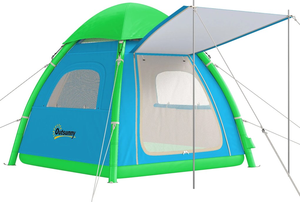 Outsunny nafukovací stan pro 3 osoby – rychlé nafouknutí s pumpou, síťová okna, odnímatelná pláštěnka, svítící kolíky, stojací výška, vodní sloupec 30