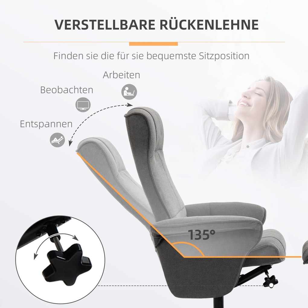 HOMCOM polohovací křeslo s podnožkou otočné o 360°, nastavitelné TV křeslo s taburetem, tmavě šedá pěna 69 x 71 x 104 cm