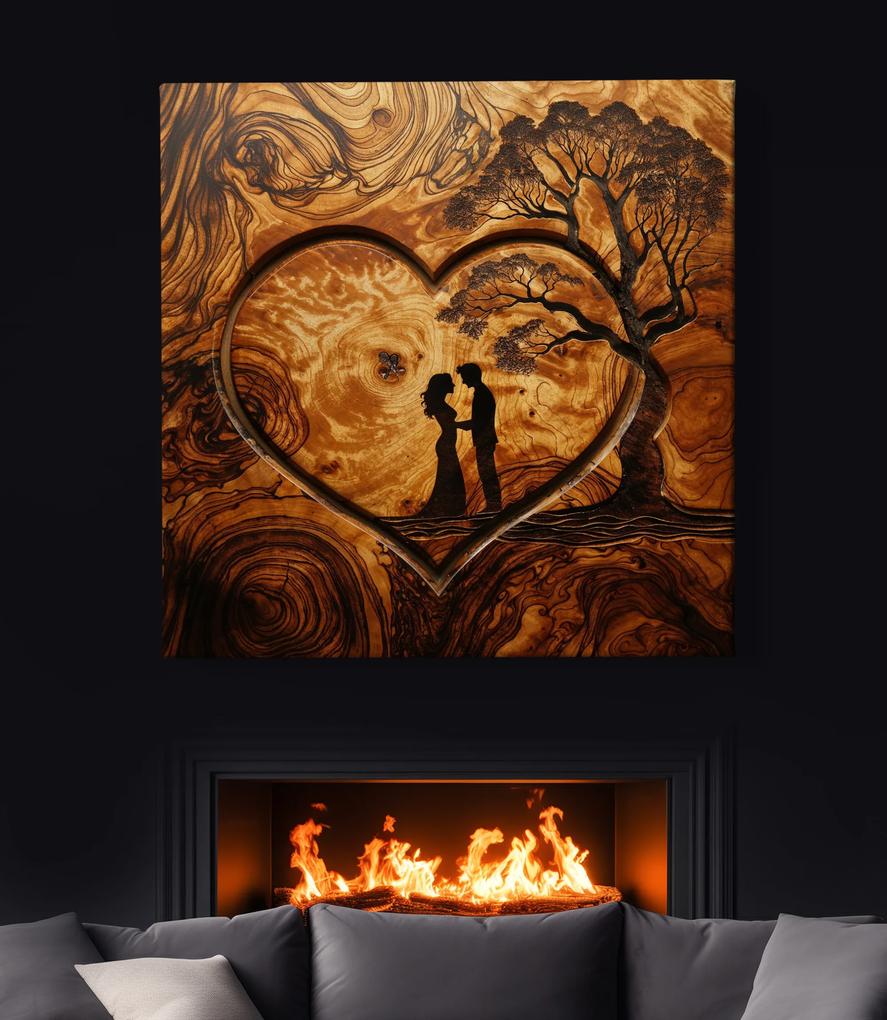 Obraz na plátně - Milenci v srdci a strom života, dřevo styl FeelHappy.cz Velikost obrazu: 80 x 80 cm