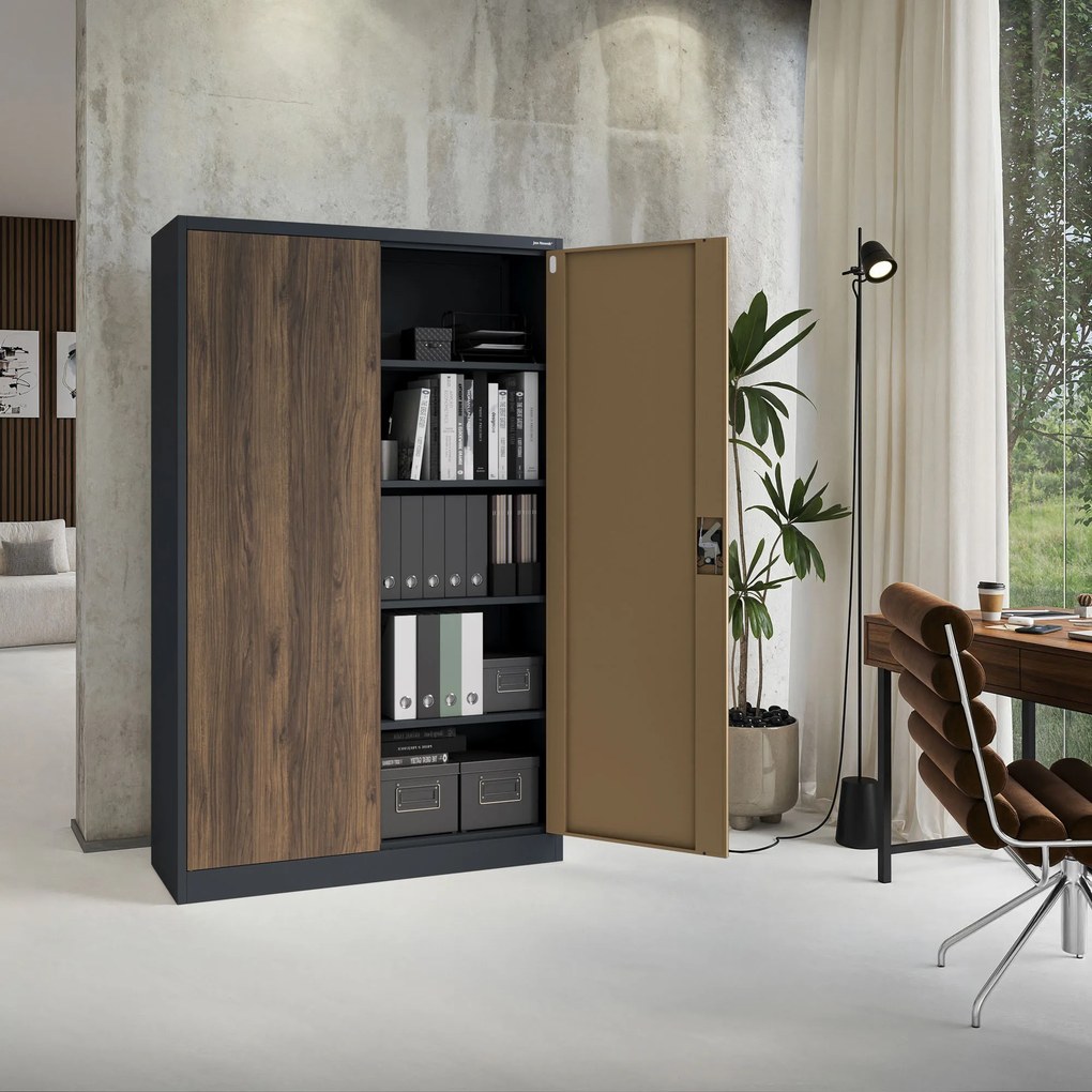 Kovová kancelářská skříň na dokumenty široká bílá antracit/ořech, 1150x1850x400 mm: JAN II Eco Design