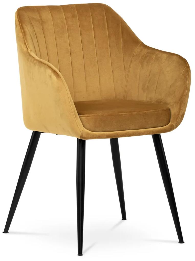 Jídelní židle, potah žlutá matná sametová látka, kovové nohy, černý matný lak