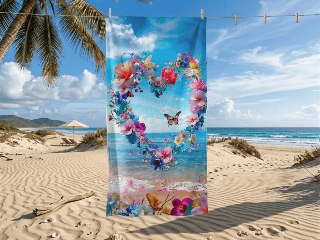 Rychleschnoucí plážová osuška FLOWER LOVE barevná 70 x 140 cm, 100% mikrovlákno