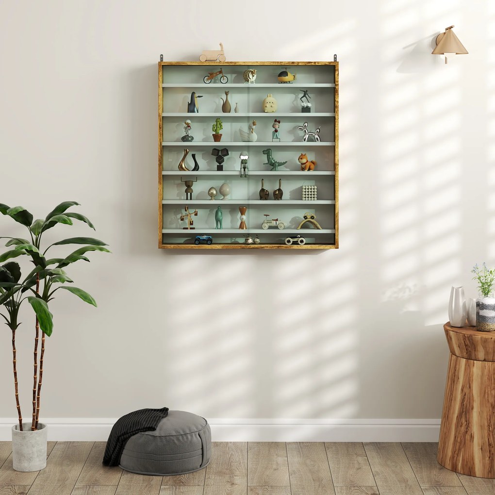 HOMCOM nástěnná vitrína na sběratelské předměty, 80 x 9,5 x 83 cm, 6 nastavitelných polic a 2 posuvné skleněné dveře, rustikální hnědá