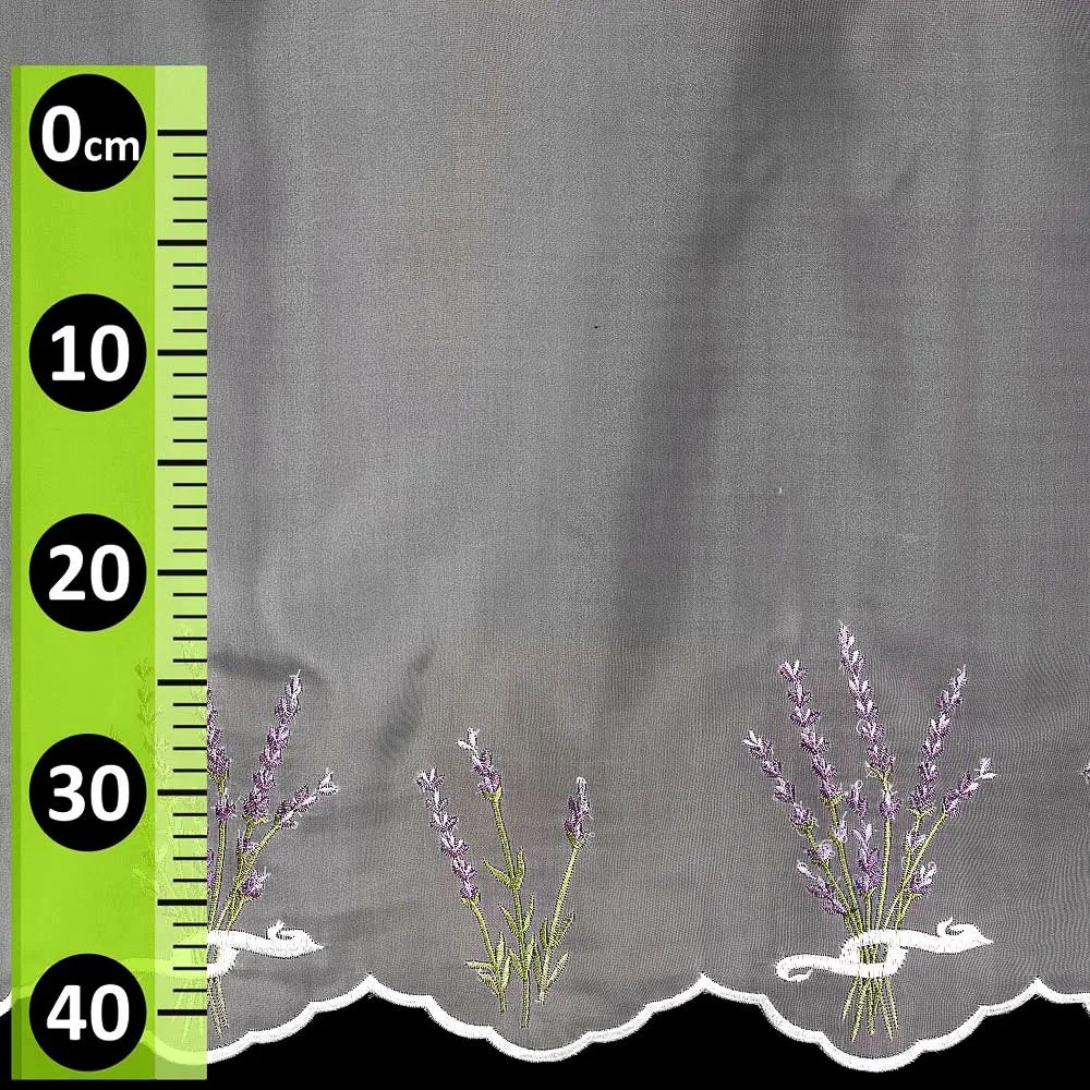 Rand voálová vitrážová záclona LAVENDA, vyšívaná fialová levandule, bílá výška 60cm (v metráži)