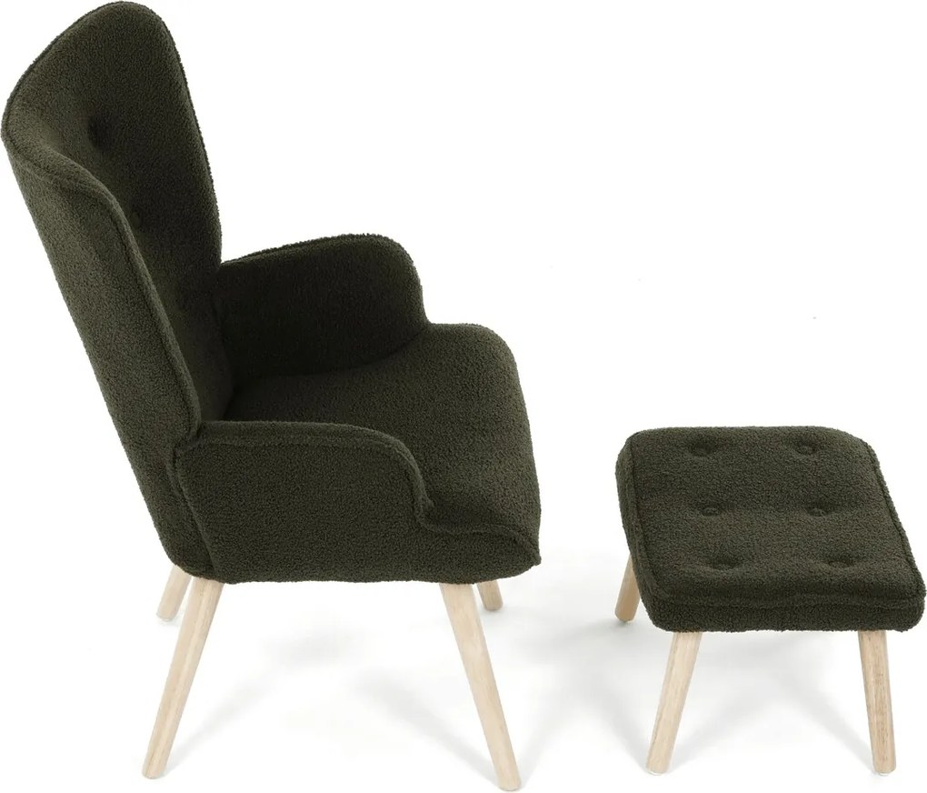 Relaxační křeslo ušák s podnožkou RENI - zelená látka bouclé