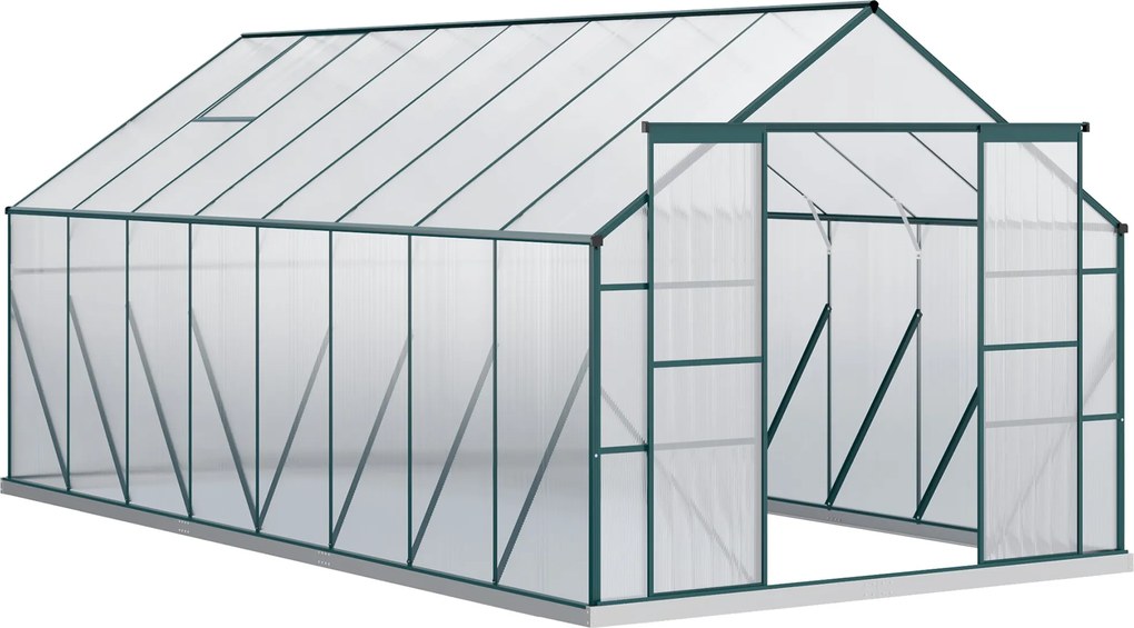 Outsunny polykarbonátový skleník 244x500x216cm s otevíracím oknem a posuvnými dveřmi, hliníkový rám, zelený | Aosom