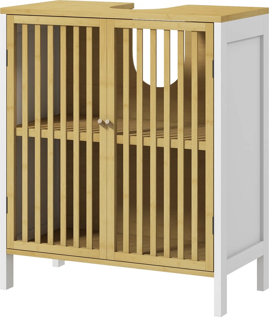 HOMCOM Koupelnová skříňka pod umyvadlo s dvojitými dveřmi a nastavitelnou policí, nosnost 30 kg, 60x30x70 cm, přírodní a bílá