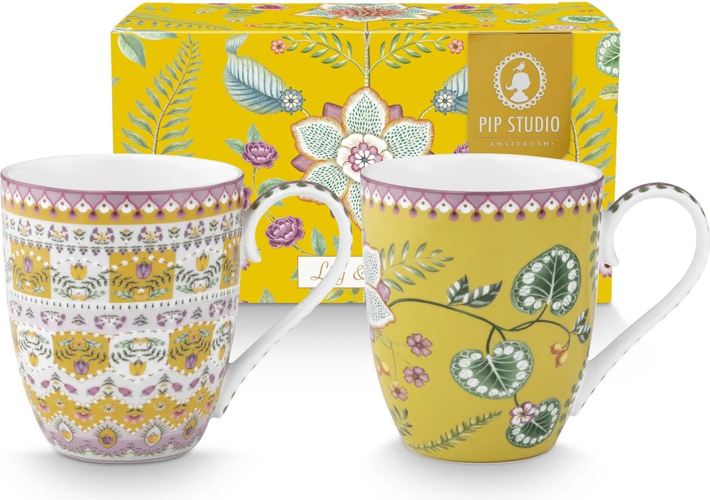 Pip Studio Lily &amp; Lotus sada 2 XL hrnků 440ml, žlutá (sada 2 hrnků v dárkovém balení)