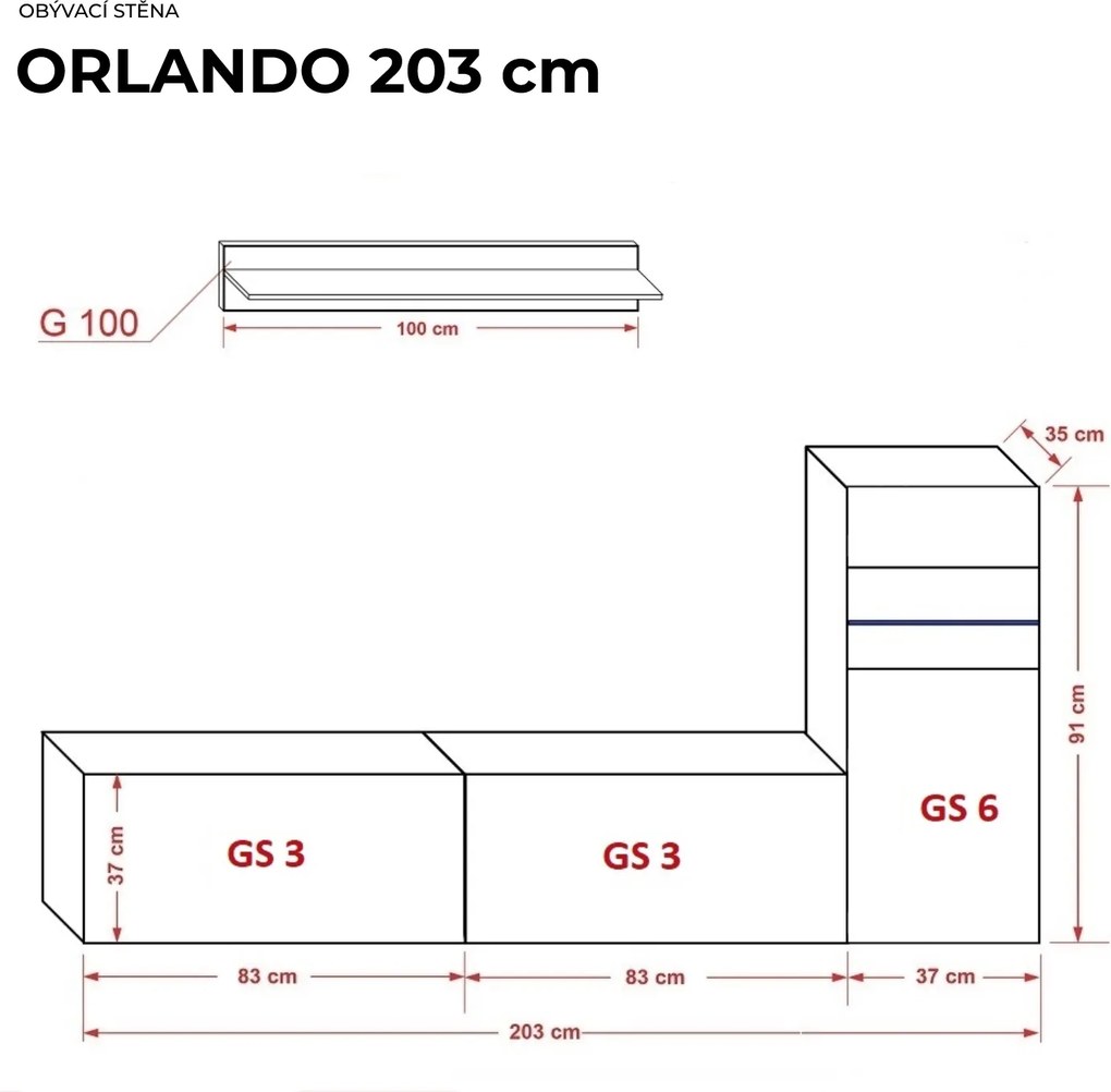 Ral Obývací stěna ORLANDO 1, 203 cm - Bílý lesk