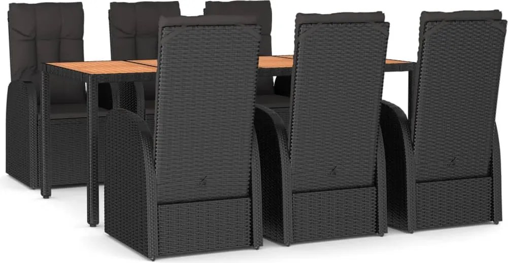 7dílný zahradní jídelní set s poduškami černý polyratan 3157603