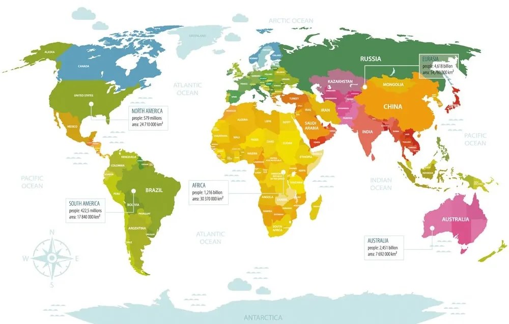 Samolepící tapeta výjimečná mapa s bílým pozadím - 300x200 cm