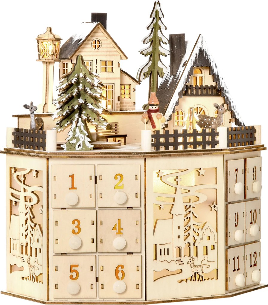 HOMCOM Adventní kalendář, box na adventní kalendář, vánoční dekorace, LED světla, 24 zásuvek, přírodní