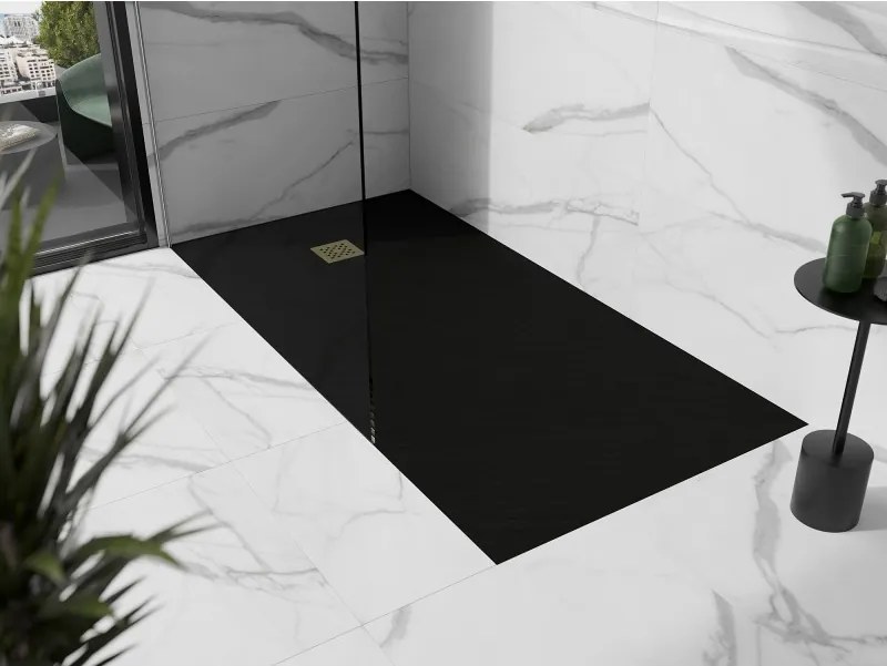 Mexen Stone+, obdélníková vanička z minerálního kompozitu 160 x 100 cm, černá, zlatá lesklá krytka, 44701016-G