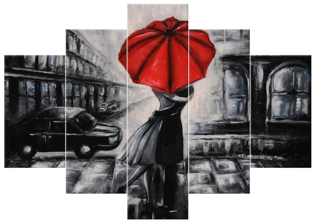 Gario Ručně malovaný obraz Červený polibek v dešti - 5 dílný Rozměry: 150 x 105 cm