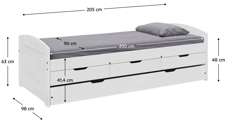 Kondela Postel s výsuvnou přistýlkou, bílá, masiv, 90x200, MARINELLA NEW