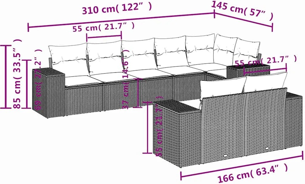 8dílná zahradní sedací souprava s polštáři šedá polyratan 3222820