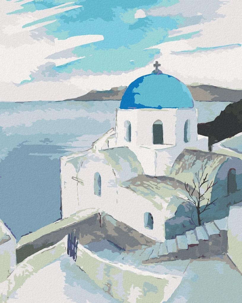 zuty zuty - malování podle čísel - kostel s modrou kopulí na santorini, 40x50 cm, plátno