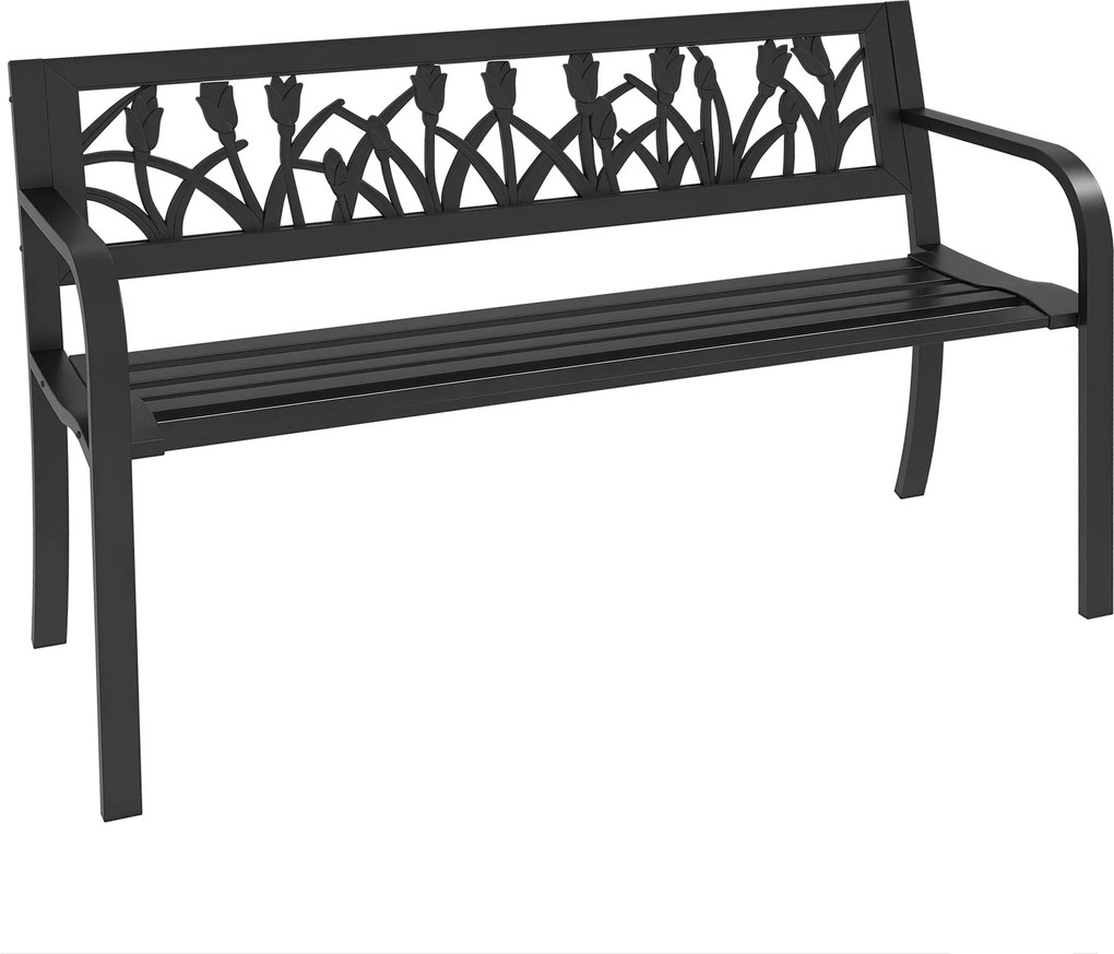 Outsunny Ocelová zahradní lavička, 2-místná lavička se zdobeným opěradlem a područkami, 125x50x75cm, Černá | Aosom