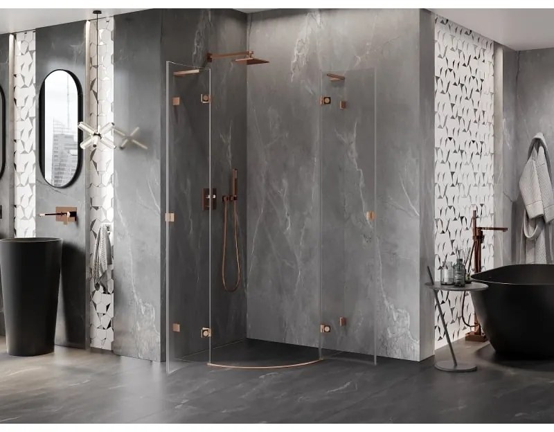 Mexen Lunar, L půlkruhový výklopný sprchový kout 90 x 90 cm, 8mm čiré sklo, profil měděná matná, 833L-090L-090P-65-00