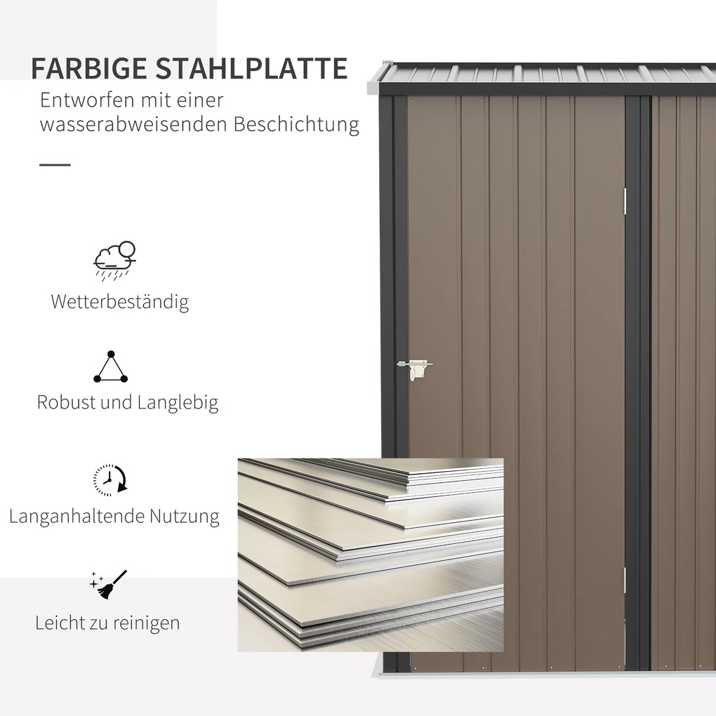 Zahradní kůlna Outsunny 1,34 m² s pultovou střechou, uzamykatelný nástrojový kabinet, vyrobený z pozinkované oceli, 161,5 x 94,5 x 196 cm, hnědý