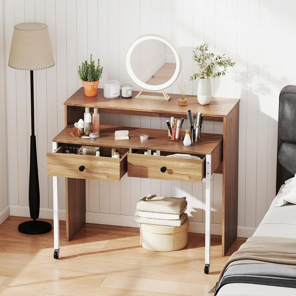 Costway Rozkládací stůl malý s 2 zásuvkami a kolečky – 100 × 63 × 88 cm