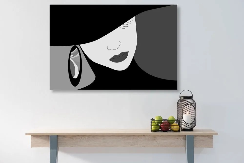 Obraz nóbl dáma v klobouku v černobílém provedení - 90x60 cm