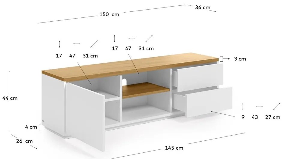 Bílý TV stolek v dekoru dubu 150x44x36 cm Abilen – Kave Home