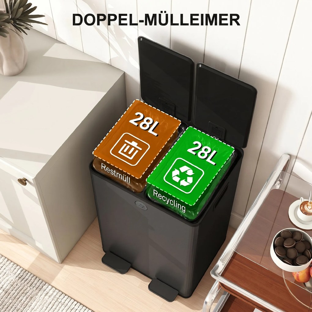 HOMCOM pedálový odpadkový koš se 2 přihrádkami (2×28 l), nerez, vyjímatelné kbelíky, tlumené zavírání, odolný proti otiskům, černý