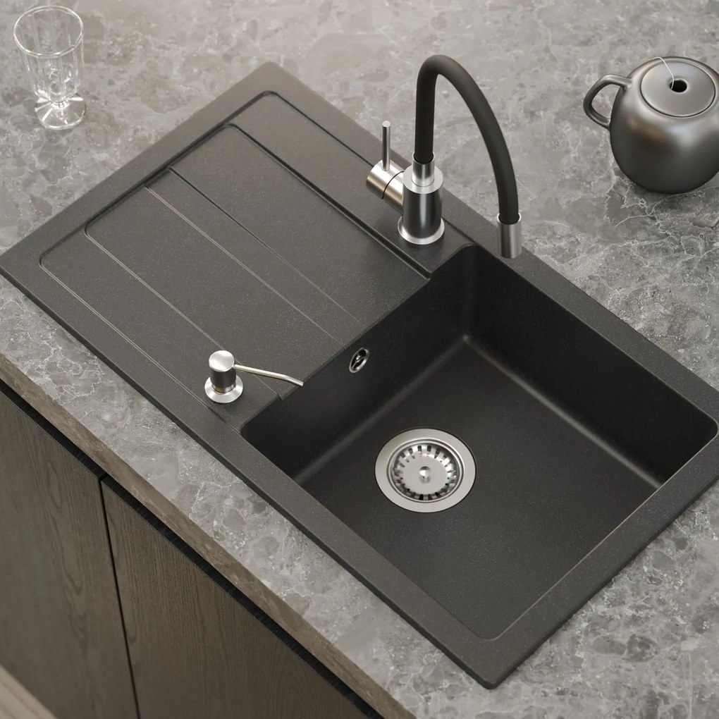 Černý kuchyňský granitový dřez QUADRON READY- MAX + BATERIE A DÁVKOVAČ NA SAPONÁT