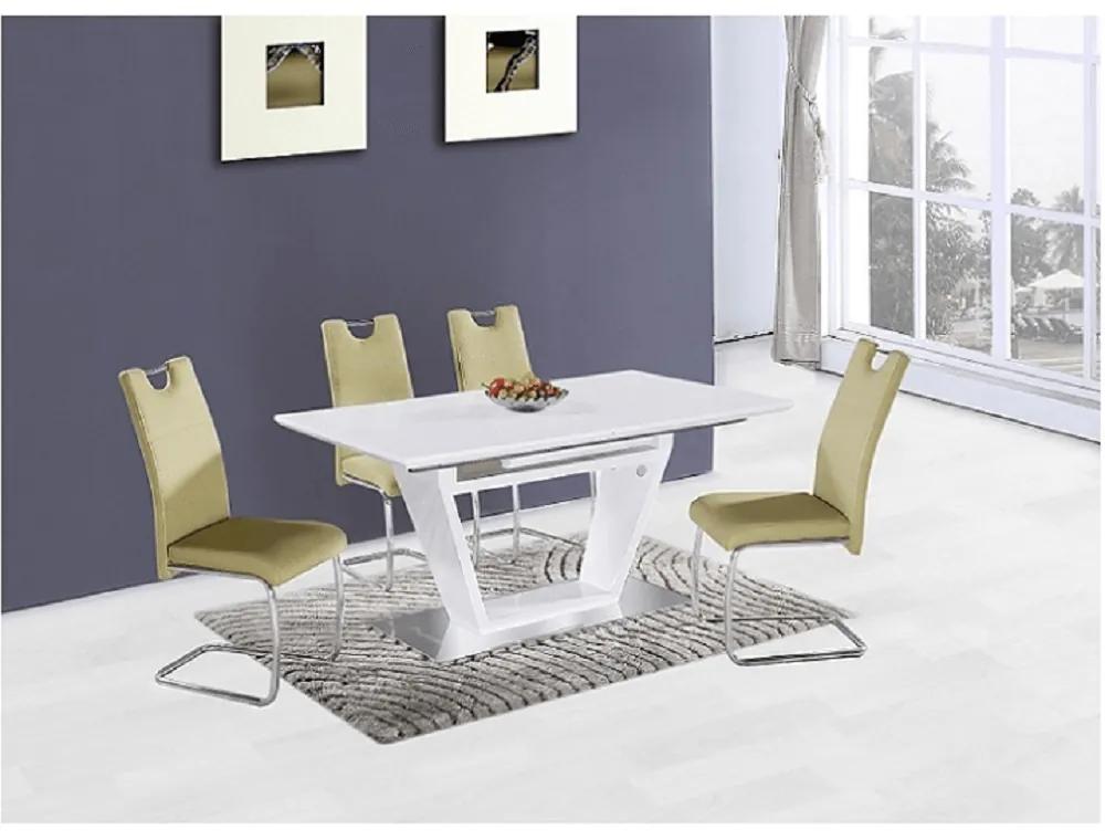 Jídelní stůl, rozkládací, bílá extra vysoký lesk / oceľ, 160-220x90 cm, PERAK